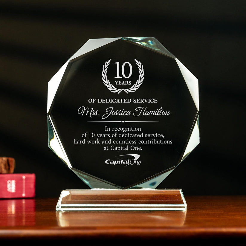 Personalized 10 Year Work Anniversary Crystal Award – Lucy Engraving