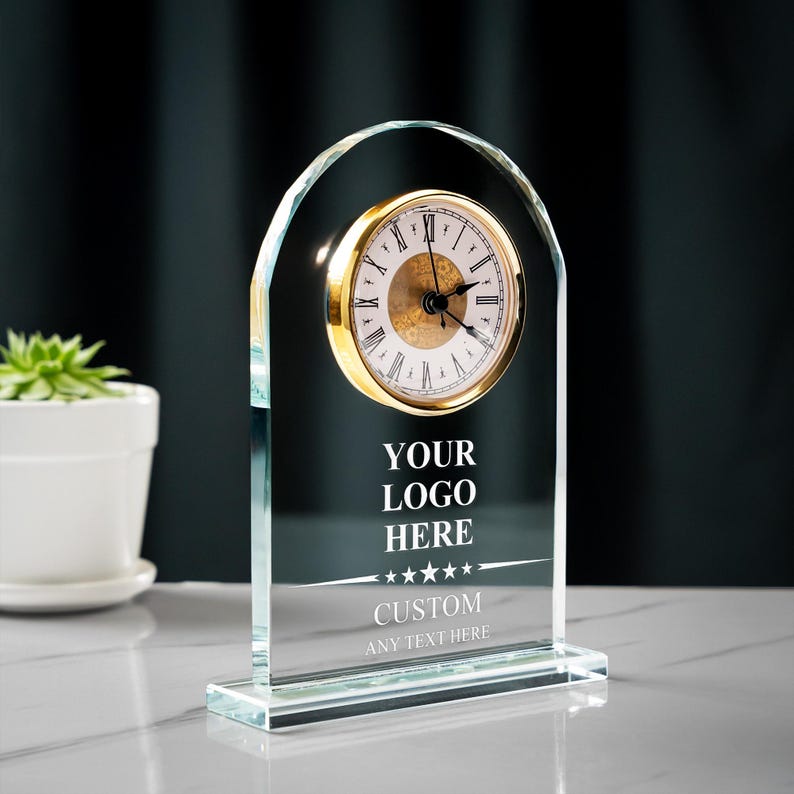 Personalized Crystal Clock Award with Text & Logo – Lucy Engraving