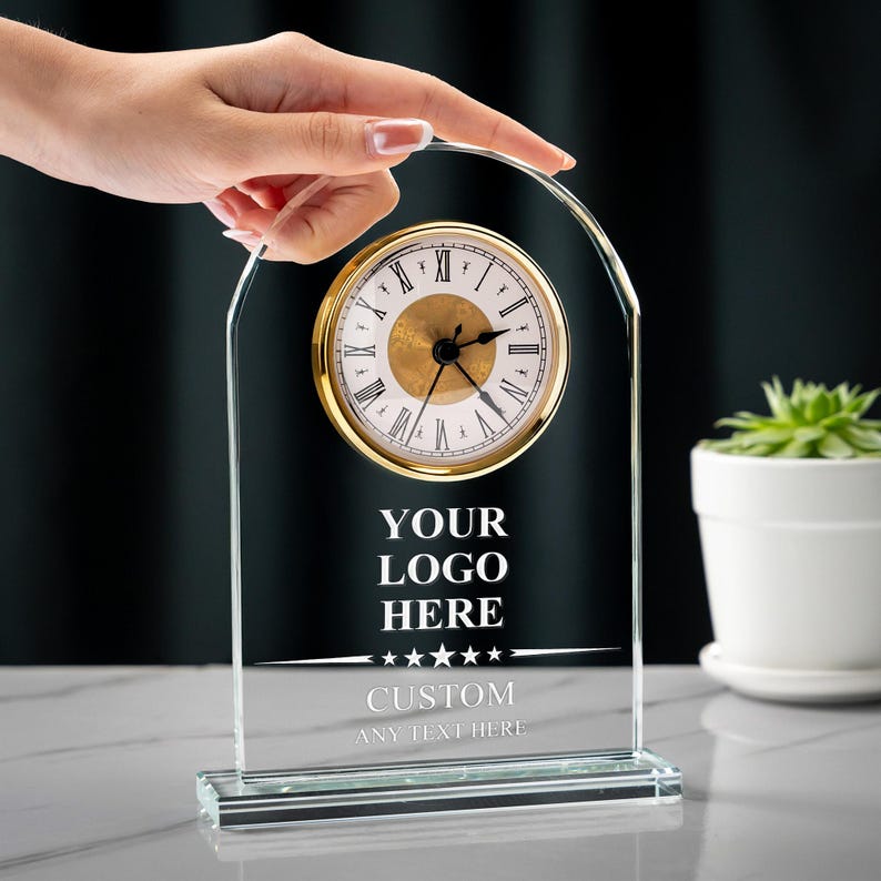 Personalized Crystal Clock Award with Text & Logo – Lucy Engraving